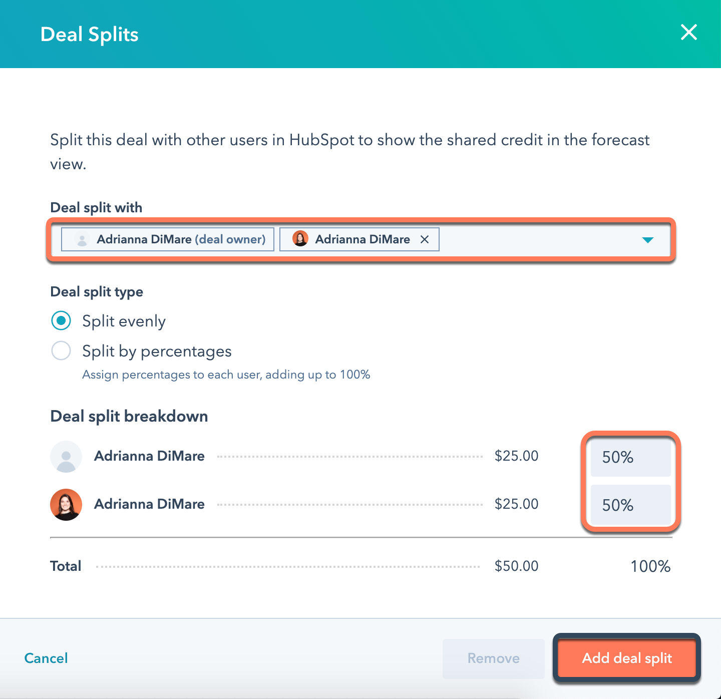 Split deal credit among users