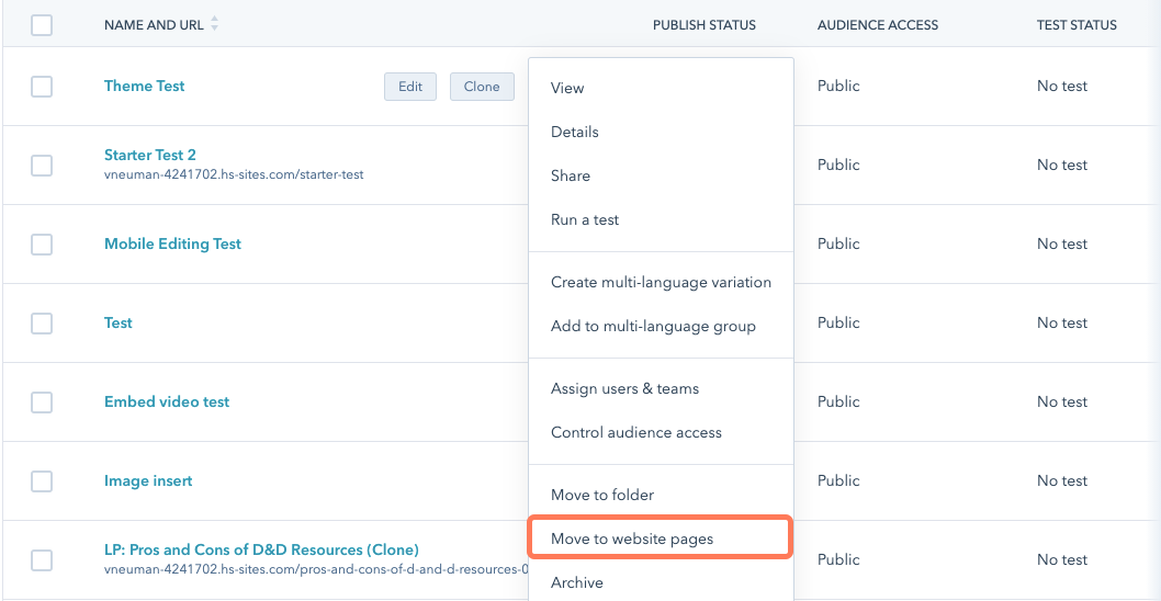 Transfer Pages Between Website And Landing Pages 