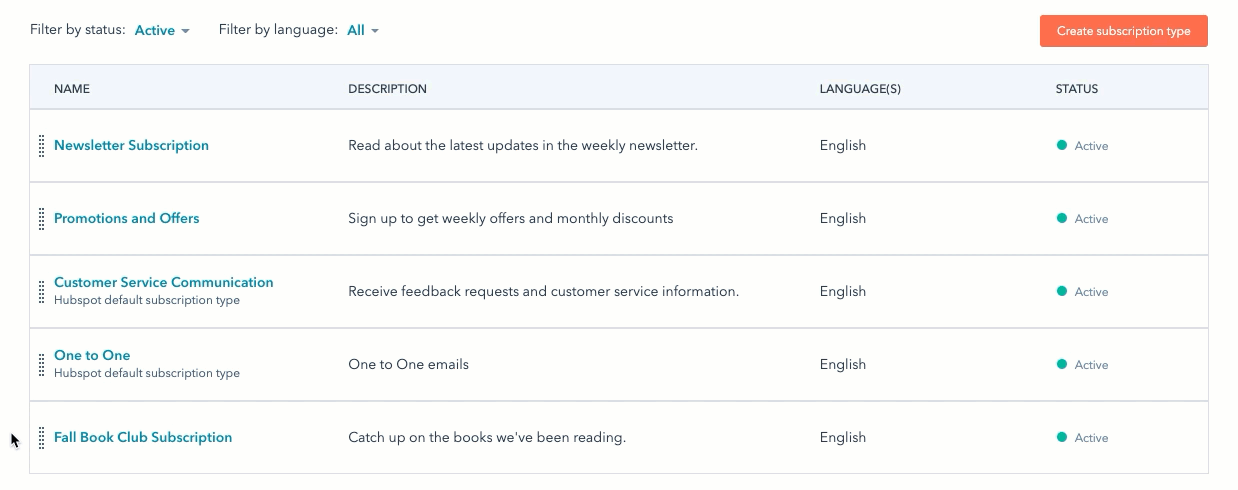 Set up email subscription types