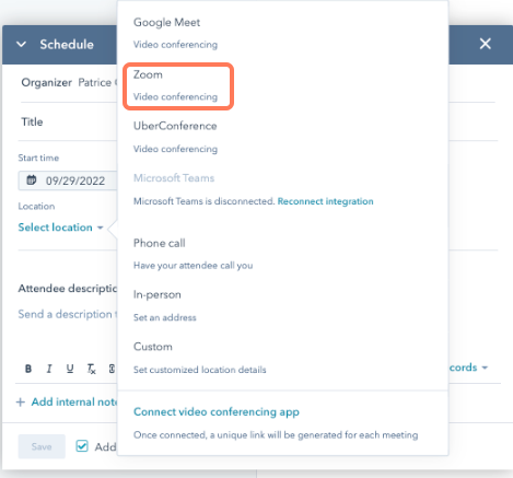 Add Zoom to your HubSpot meeting link