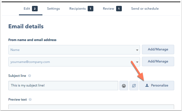 Add personalization tokens to an email subject line