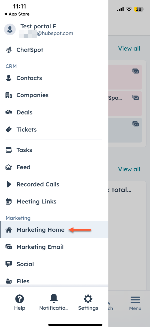 Use marketing home in the HubSpot mobile app (BETA)
