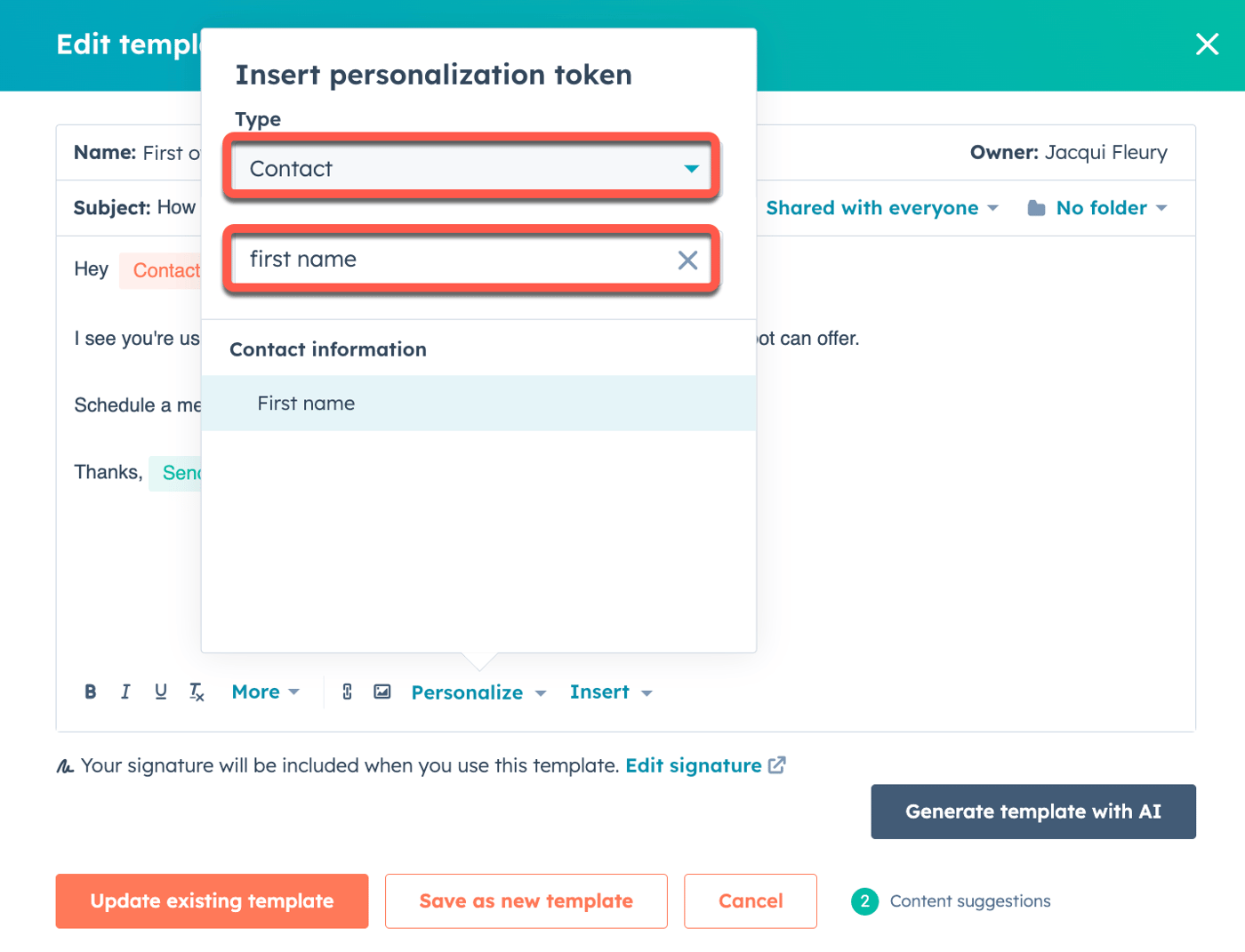Add personalization tokens to a template or snippet